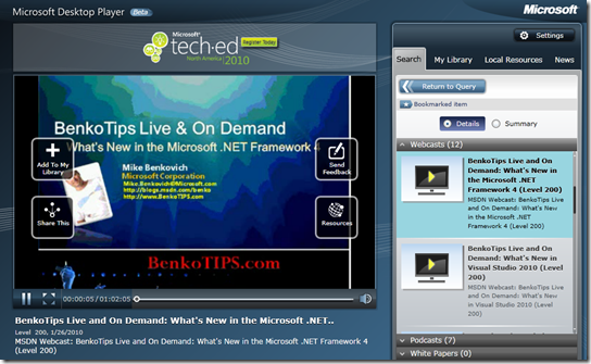 View Webcasts, Podcasts using the Microsoft Desktop Player